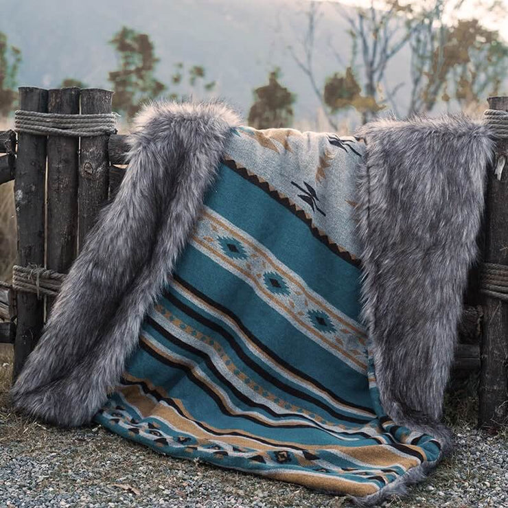 Anifurry Aztec Faux Fur Blanket - Grey+Turquoise